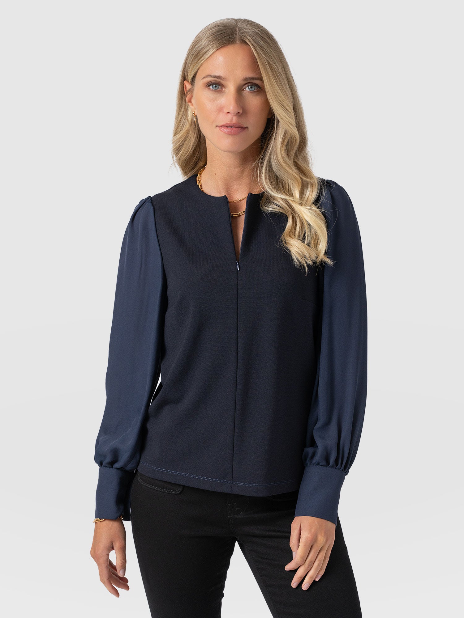 Esme Zip Up Top - Navy - Women's T-shirts | Saint + Sofia® USA – Saint + Sofia® Inc