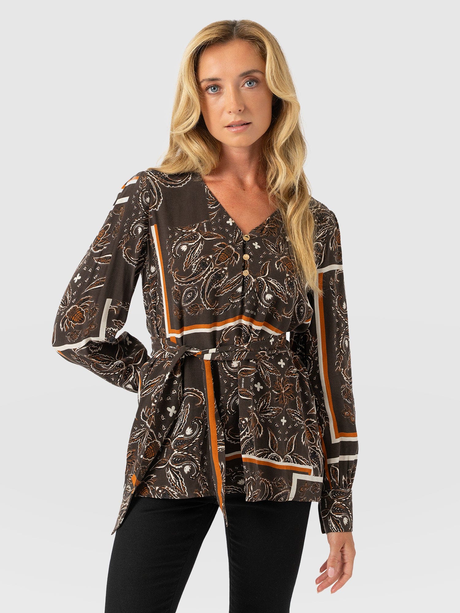 Joselyn V Neck Blouse - Brown Paisley - Women's Blouses | Saint + Sofia? USA – Saint + Sofia® Inc