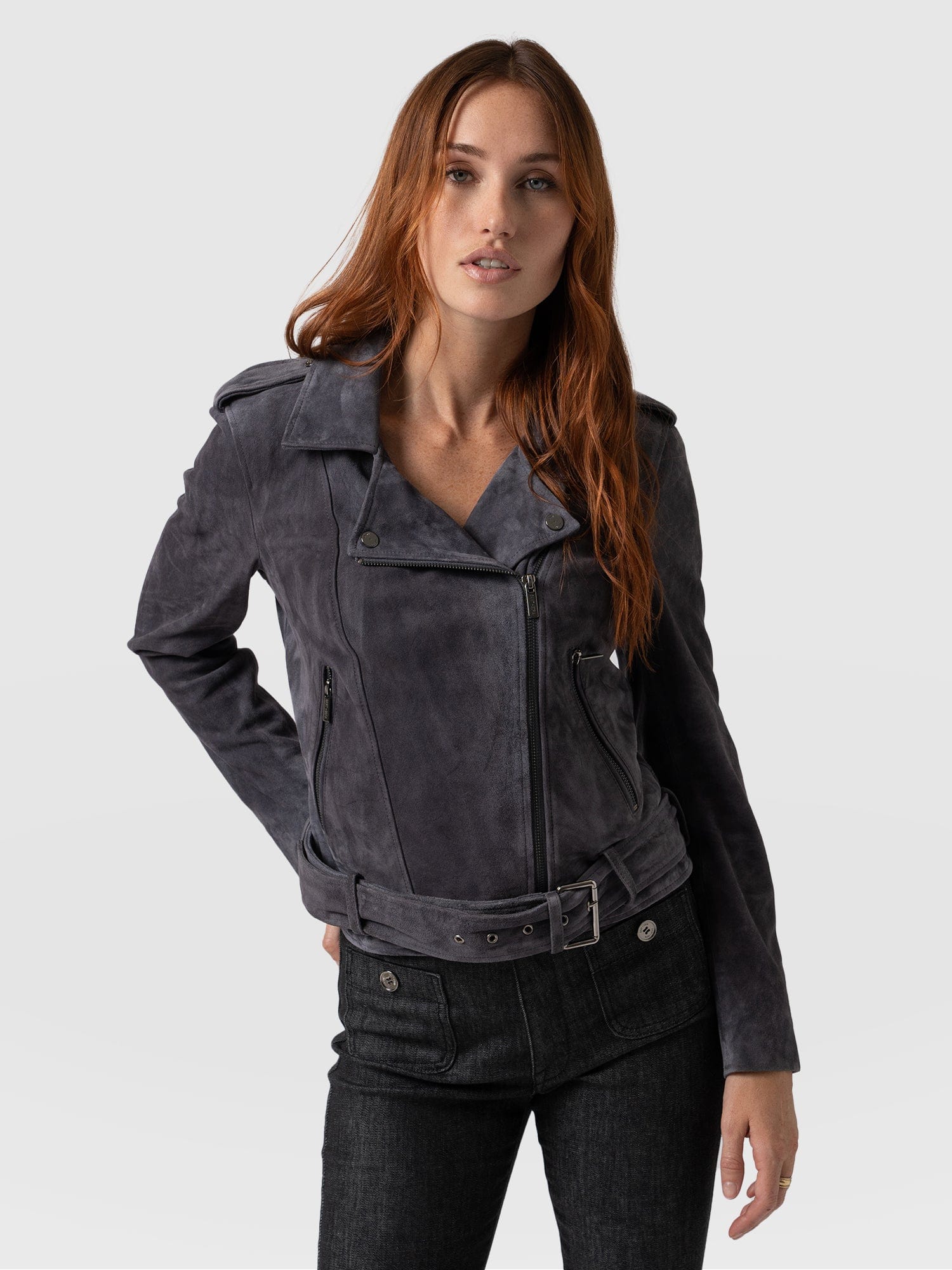 Luther Suede Jacket Charcoal - Women's Leather Jacket | Saint + Sofia® USA – Saint + Sofia® Inc