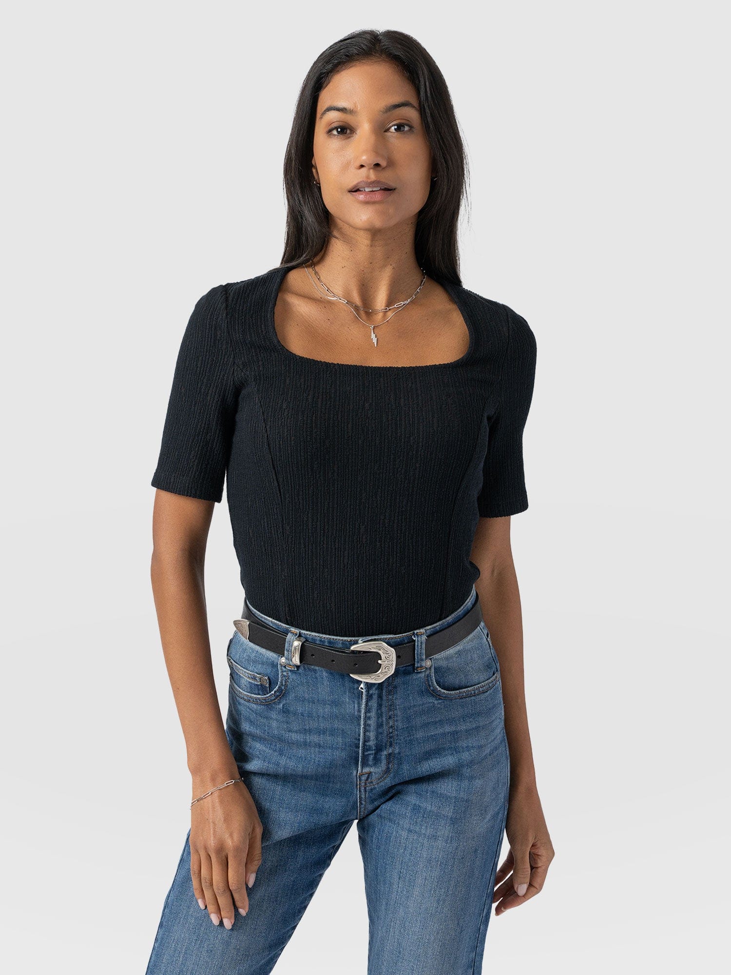 Akia Short Sleeve Tee - Black Textured - Women's T-Shirts | Saint + Sofia® USA – Saint + Sofia® Inc