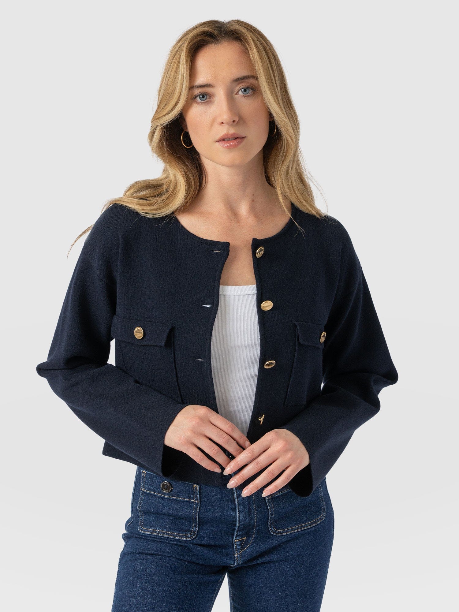 Maeva Knit Jacket Navy - Women's Jacket | Saint + Sofia® US – Saint + Sofia® Inc