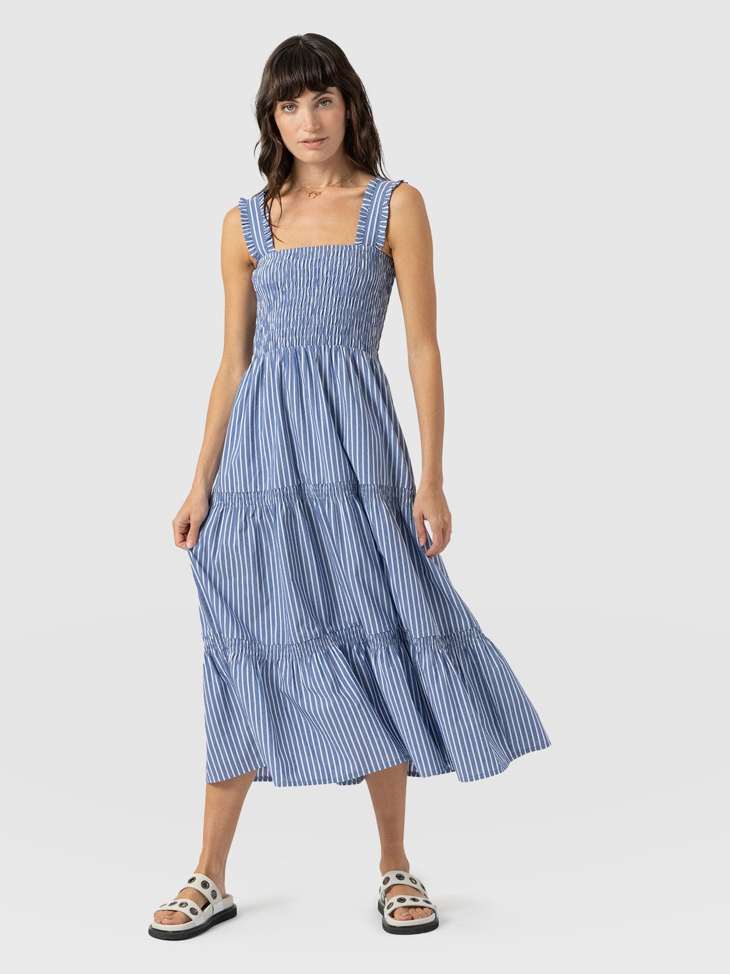 Maya Shirring Dress - Blue Stripe - Women's Dresses | Saint + Sofia® USA – Saint + Sofia® Inc