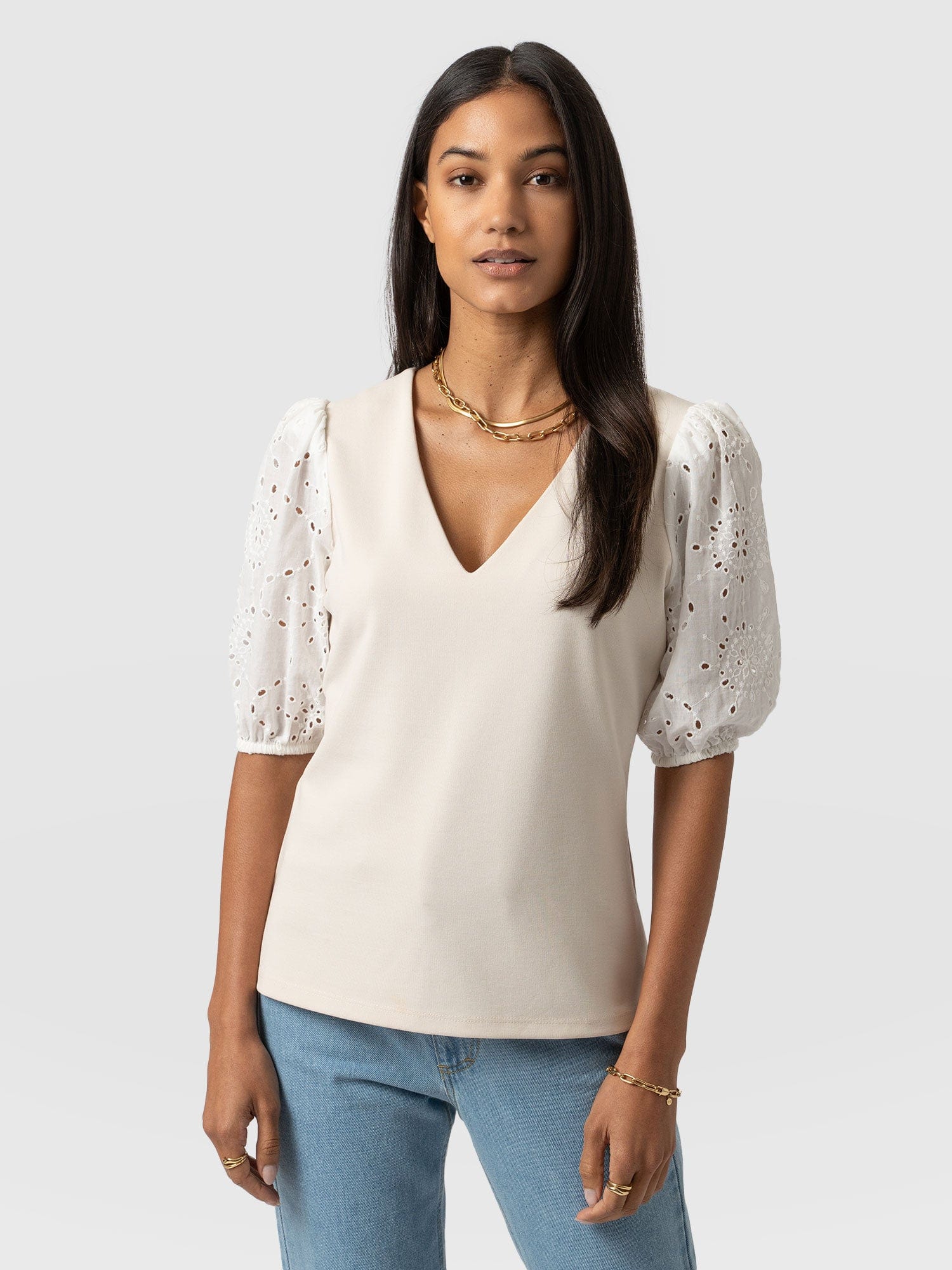 Tori Puff Sleeve Top Cream Broderie - Women's Tops | Saint + Sofia® USA – Saint + Sofia® Inc