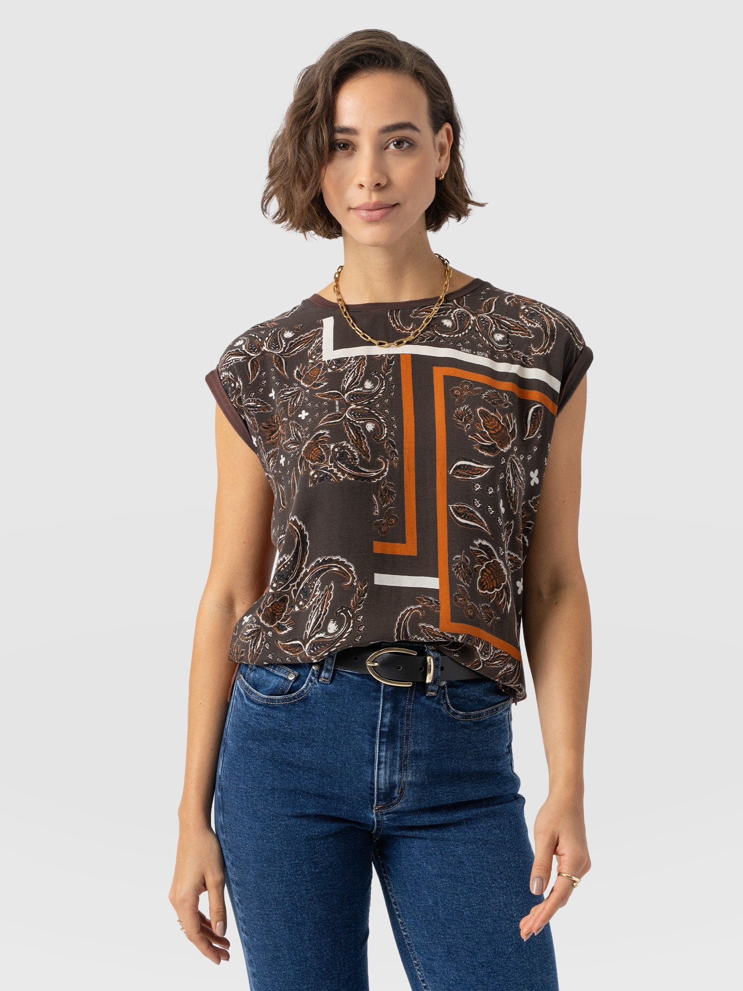 Turn Up Contrast Tee - Brown Paisley - Women's T-shirts | Saint + Sofia? USA – Saint + Sofia® Inc