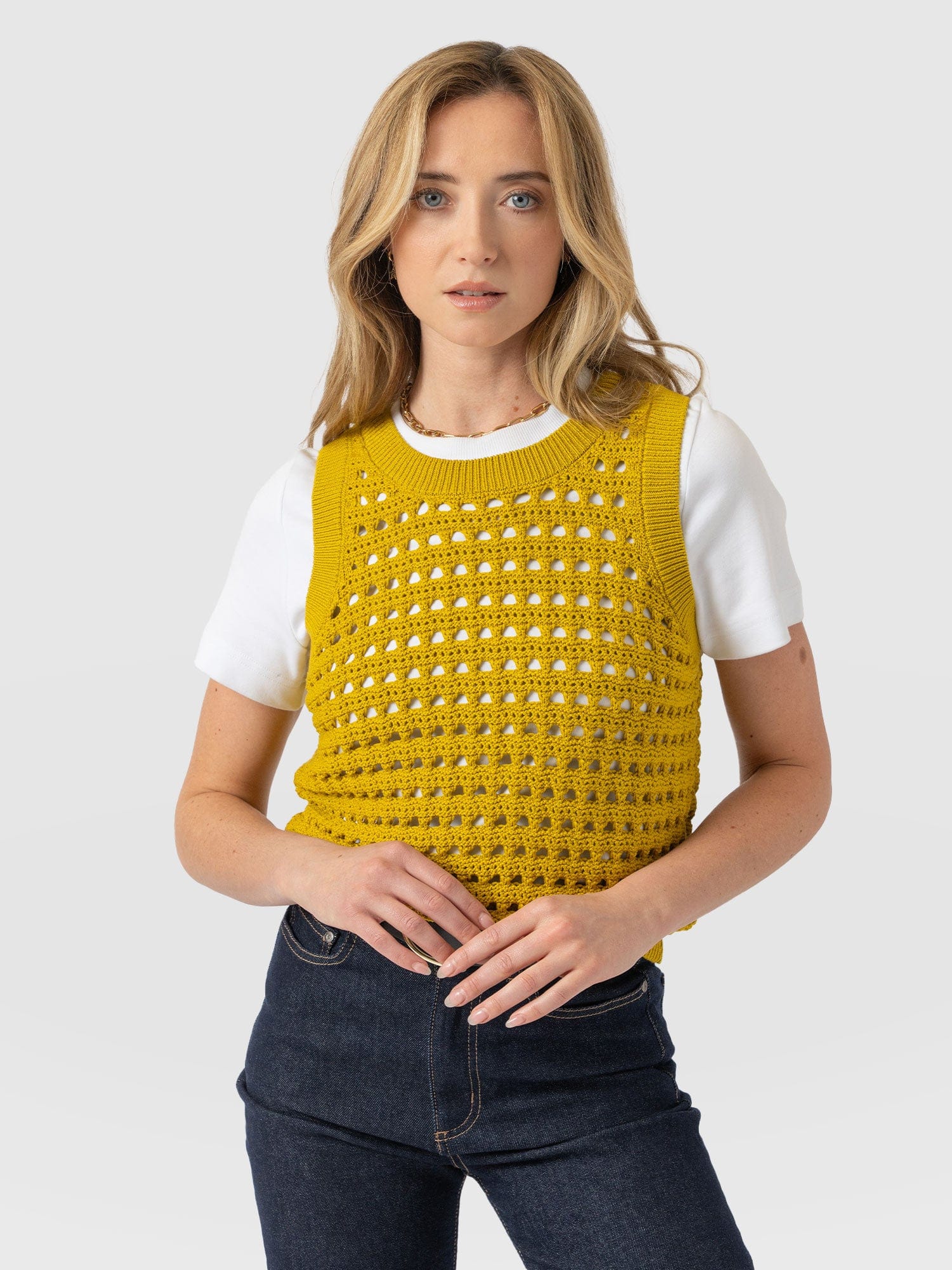 Adler Sleeveless Knit Mustard - Women's Vests | Saint + Sofia® US ...